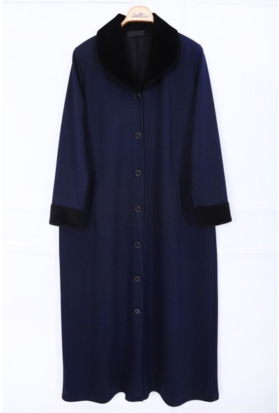 Kombinal Lacivert Düğmeli Cepli Kürk Detaylı Büyük Beden PARDESÜ-1739