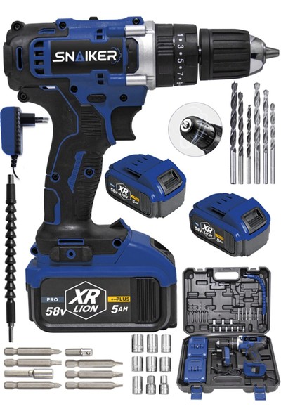 Snaiker Alman M-1 Max 58 V 5 Ah Darbeli Bakir Sargili Çift Akülü Vidalama Çelik Şanzuman Şarjlı Matkap Lacivert