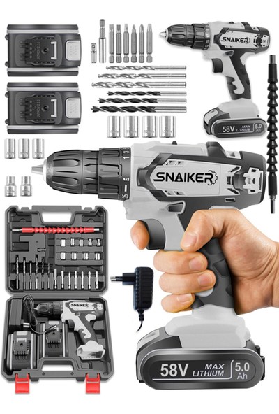 Snaiker Alman 58 V 5 Ah Cooper-S Darbeli Çift Metal Şanzuman Bakır Sargili Şarjlı Çift Akülü Vidalama Matkap Gri