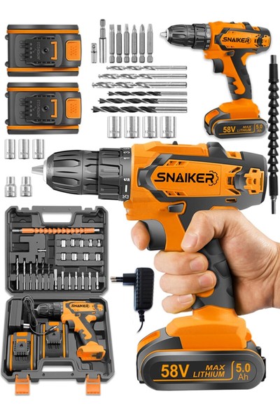 Snaiker Alman 58 V 5 Ah Cooper-S Darbeli Çift Metal Şanzuman Bakır Sargili Şarjlı Çift Akülü Vidalama Matkap Turuncu Snaiker Alman 58 V 5 Ah Cooper-S Darbeli Çift Metal Şanzuman Bakır Sargili Şarjlı Çift Akülü Vidalama Matkap Turuncu