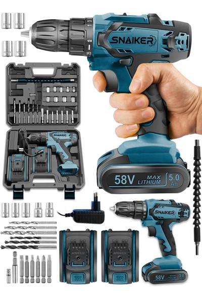 Snaiker Alman 58 V 5 Ah Cooper Darbeli Çift Metal Şanzuman Bakır Sargili Şarjlı Çift Akülü Vidalama Matkap Lacivert