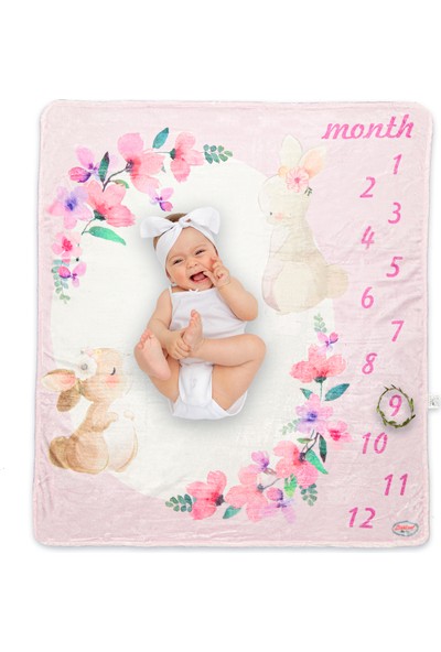 Sevnur Baby Tavşanlı Çiçekli Bebek Yeni Doğan Hediyesi Aylık Fotoğraf Çekim Anı Örtüsü 90X100