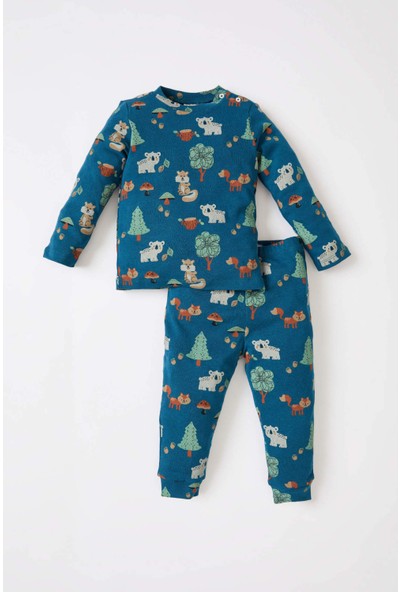 DeFacto Erkek Bebek Regular Fit Desenli Bisiklet Yaka Uzun Kollu 2'li Pijama Takım W9548A221WN