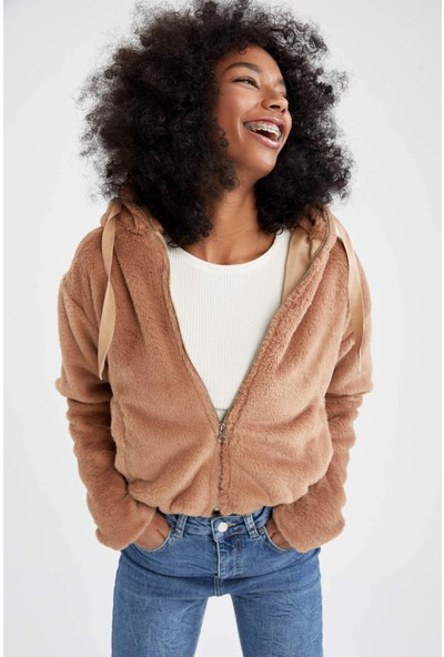 DeFacto Regular Fit Kapüşonlu Suni Kürklü Kısa Hırka X4226AZ21WN