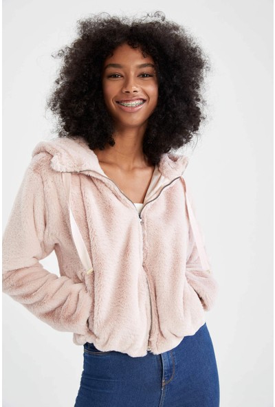 DeFacto Regular Fit Kapüşonlu Suni Kürklü Kısa Hırka X4226AZ21WN