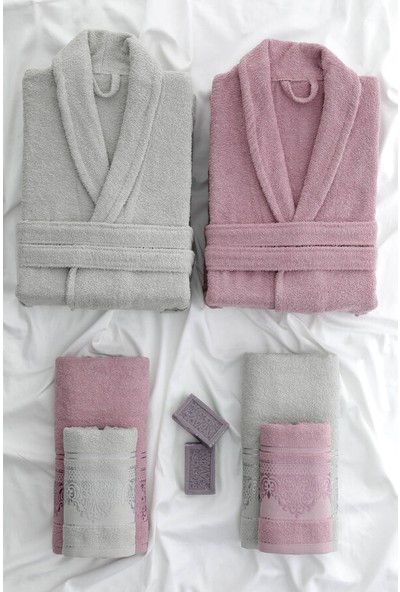 Favora Jakarlı 6 Parça Bornoz Seti - Gri - Gül