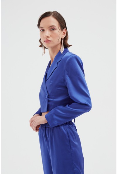 Quzu Crop Saten Blazer Ceket Sax