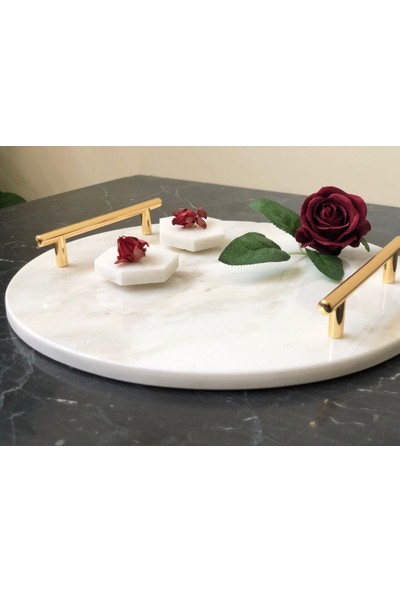 Calacatta Oliva Mermer Yuvarlak Tepsi Yüzük Standlı