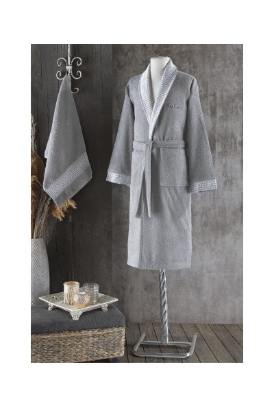 Pierre Cardin Stone Jakarlı Erkek Bornoz Seti Gri