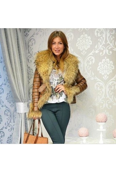 Derimonts Kadın Çizgili Tilki Kürklü Mont Kahve