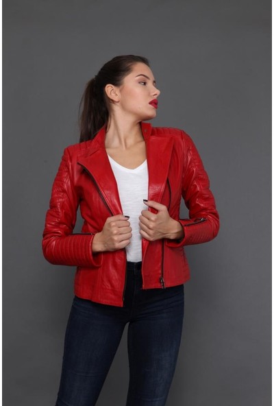 Derimonts Kadın Deri Mont Kırmızı - Luna
