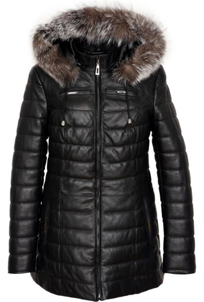 Derimonts Kapşonlu Şişme Kadın Siyah Deri Mont Kürklü Yaka Derimonts Kapşonlu Şişme Kadın Siyah Deri Mont Kürklü Yaka