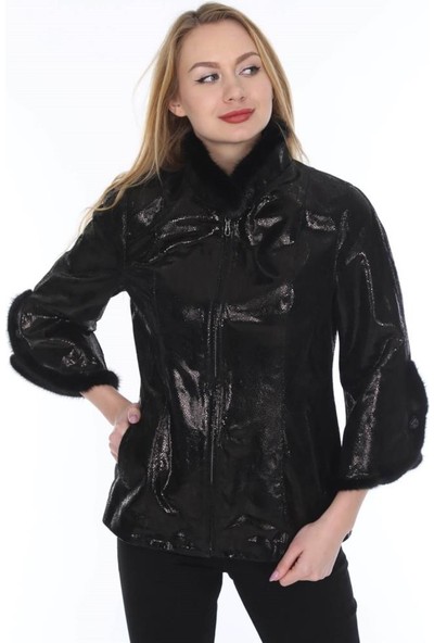 Derimonts Kadın Deri Mont Siyah Vizyonlu