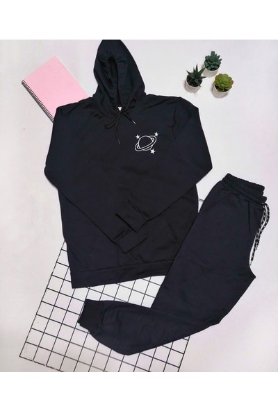 CK Butik Satürn Nakışlı Kapüşonlu Siyah Sweatshirt Eşofman Takımı