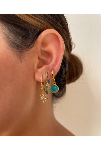 Ayya Kadın Gold Kuzey Yıldızı Renkli Taşlı Kaktüs ve Gülen Yüz Küpe