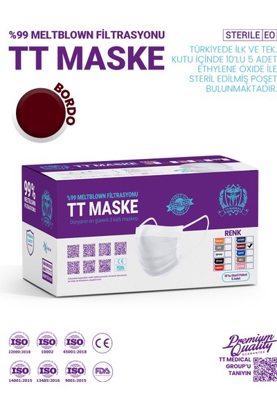 TT 50'Li 3 Katlı Bordo Cerrahi Maske TT 50'Li 3 Katlı Bordo Cerrahi Maske