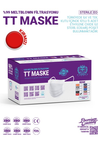 TT Medical Group TT 50'Li 3 Katlı Kırmızı Cerrahi Maske