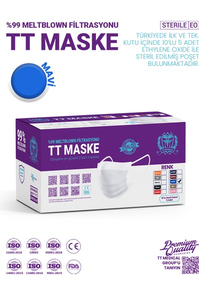 TT Medical Group TT 50'Li 3 Katlı Mavi Cerrahi Maske