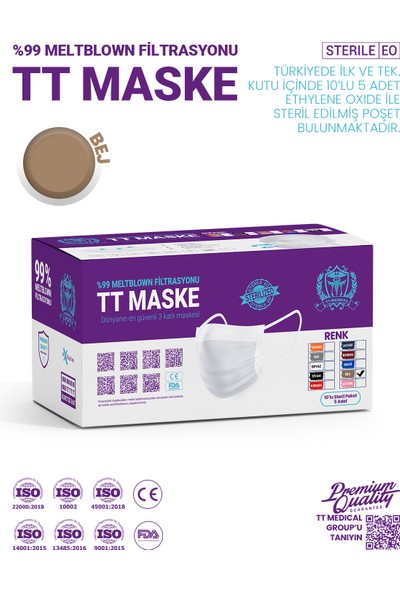 TT Medical Group TT 50'Li 3 Katlı Bej Cerrahi Bej Maske TT Medical Group TT 50'Li 3 Katlı Bej Cerrahi Bej Maske