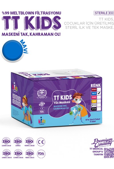 TT Medical Group TT 50'Li 3 Katlı Mavi Çocuk Maske