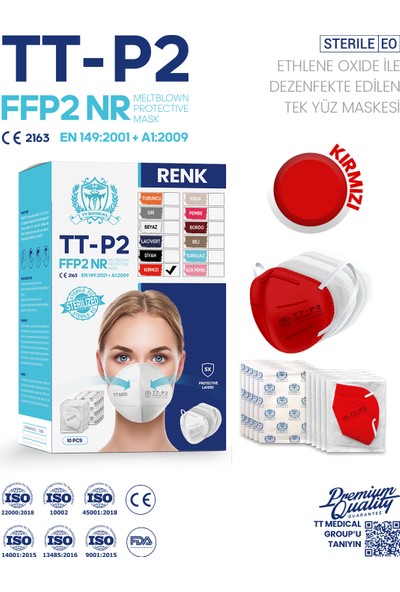 TT 10'Lu Kutu 5 Katmanlı Ttp Kırmızı Yüz Maskesi