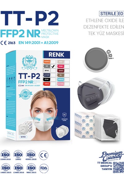 TT 10'Lu Kutu 5 Katmanlı Ttp2 Gri Yüz Maskesi TT 10'Lu Kutu 5 Katmanlı Ttp2 Gri Yüz Maskesi