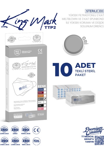 TT Medical Group TT 10'Lu 4 Katmanlı Kıng Gri Ttp2 TT Medical Group TT 10'Lu 4 Katmanlı Kıng Gri Ttp2