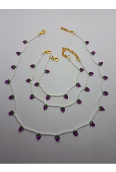 Boncuktan Şeyler New El Yapımı Beyaz Üzüm Desenli Boncuk Takı Seti