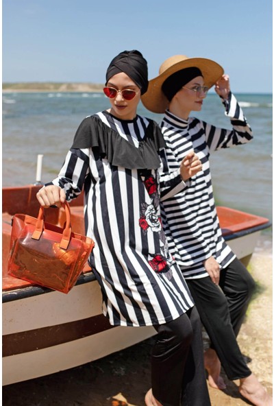 Marina Mayo Çizgili Tasarım Tesettür Mayo M2009 Siyah