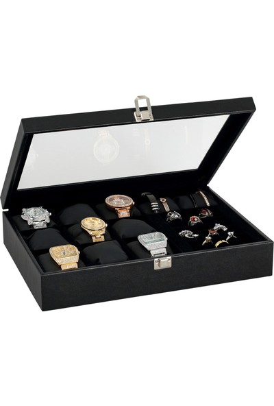 MyKutu 9l'lu Ahşap üzeri Deri Cam Saat ve Mücevher Kutusu mk005 MyKutu 9l'lu Ahşap üzeri Deri Cam Saat ve Mücevher Kutusu mk005