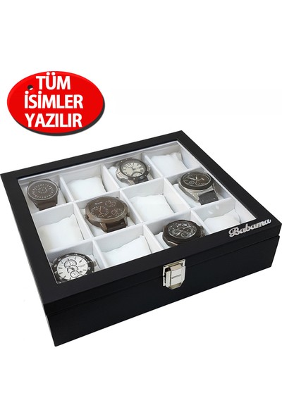İsminize Özel Gümüş 1 isimli 12'li Siyah Deri Saat Kutusu st12-1
