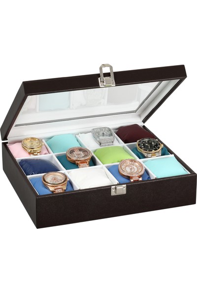 12'li Kahve Deri Ahşap Üzeri Cam Renkli Yastık Saat Kutusu st12-5 12'li Kahve Deri Ahşap Üzeri Cam Renkli Yastık Saat Kutusu st12-5