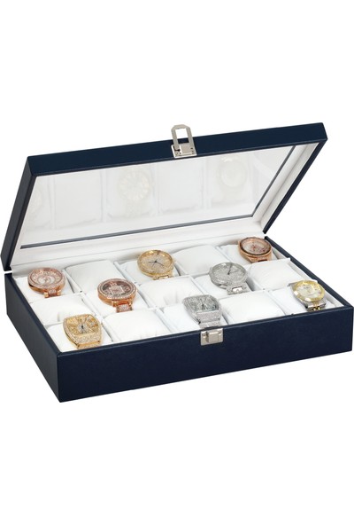 Chavin 15'li Lacivert Deri Ahşap, üzeri Cam Saat Kutusu st15-42