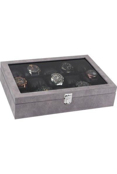 Chavin 15'li Gri Süet Ahşap Camlı Saat Kutusu ST15-50 Chavin 15'li Gri Süet Ahşap Camlı Saat Kutusu ST15-50