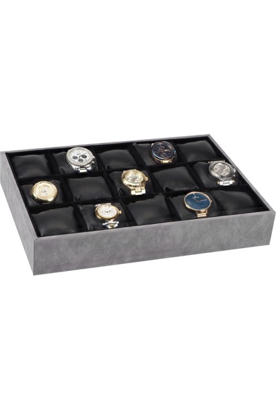 Chavin Gri Süet 15'li Çekmece Içi Saat Kutusu ST15-55 Chavin Gri Süet 15'li Çekmece Içi Saat Kutusu ST15-55