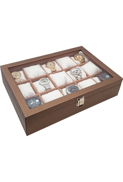 Chavin 15 Li Diamond Deri Ahşap Camlı Saat Kutusu Bronz Renk T15-58 Chavin 15 Li Diamond Deri Ahşap Camlı Saat Kutusu Bronz Renk T15-58