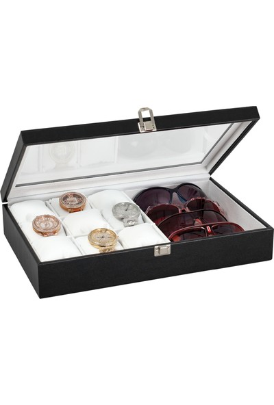 Chavin Chavin 9'lu Deri Ahşap, üzeri Cam Saat ve Gözlük Kutusu st6-7