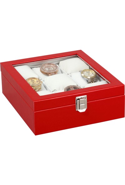 9'lu Ahşap üzeri Kırmızı Deri, Cam Kapaklı Saat Kutusu st9-11