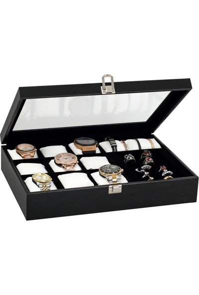 9 'lu Deri Kaplı Ahşap, üzeri Cam Saat ve Mücevher Kutusu st9-13 9 'lu Deri Kaplı Ahşap, üzeri Cam Saat ve Mücevher Kutusu st9-13