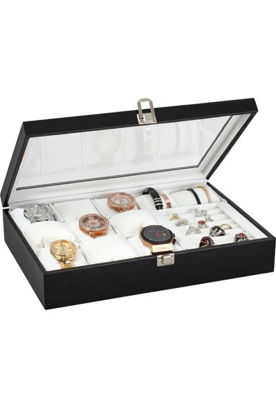 Chavin 9 'Lu Deri Kaplı Ahşap, Üzeri Cam Saat Ve Mücevher Kutusu St9-19 Chavin 9 'Lu Deri Kaplı Ahşap, Üzeri Cam Saat Ve Mücevher Kutusu St9-19