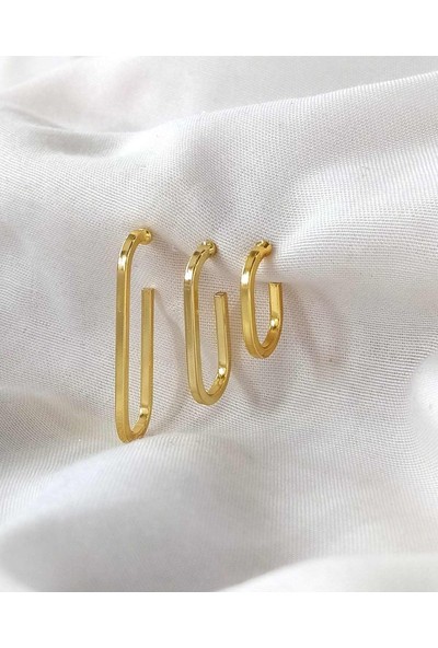 Eva Takı 3'lü Dikdörtgen Altın Kaplama Gold Çelik Küpe