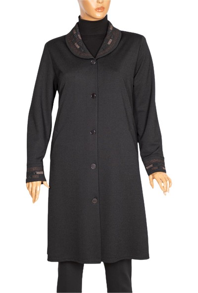 Hesna Kadın Şeniz Mevsimlik Yakası Kolu Nakışlı Siyah Kap