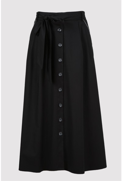 Sassofono Önü Düğme Detaylı Maxi Siyah Etek