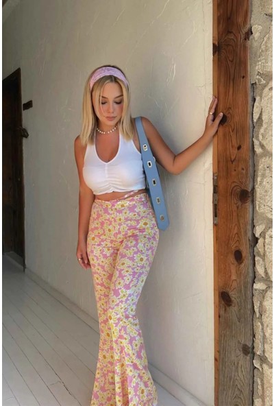 Eyyo Pudra Papatya Desen Bağlamalı Pantolon Hyl1 Eyyo Pudra Papatya Desen Bağlamalı Pantolon Hyl1