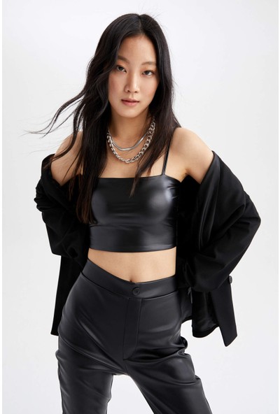 DeFacto Slim Fit Suni Deri İp Askılı Straplez Crop Atlet X4879AZ21WN