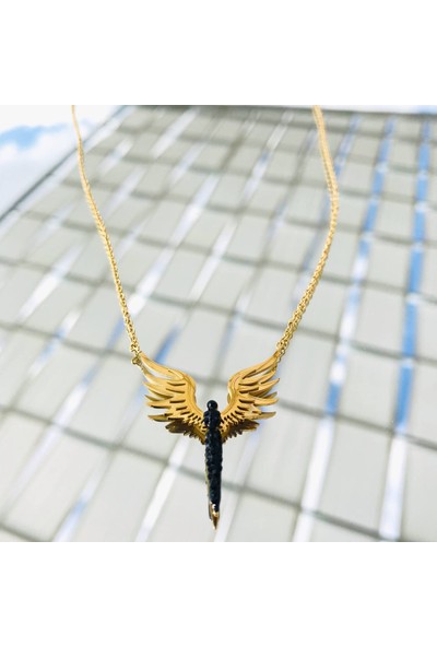 Perle Siyah Taşlı Melek Kolye Çelik Altın Kaplama