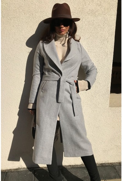 4 Sisters Fashion Kaşe Kemerli Cepli Uzun Gri Kaban
