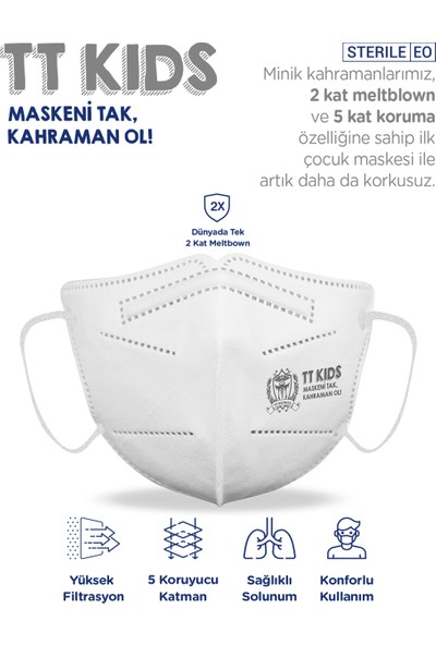 TT Medical Group TT 10'Lu 5 Katmanlı Çocuk Beyaz Yüz Maskesi