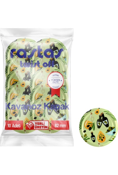 Rastaş Paketli 10 Adet Kavanoz Kapağı -Zeytinli- 82 mm. Rastaş Paketli 10 Adet Kavanoz Kapağı -Zeytinli- 82 mm.