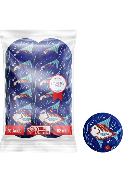 Rastaş Paketli 10 Adet Kavanoz Kapağı -Balıklı- 82 mm. Rastaş Paketli 10 Adet Kavanoz Kapağı -Balıklı- 82 mm.